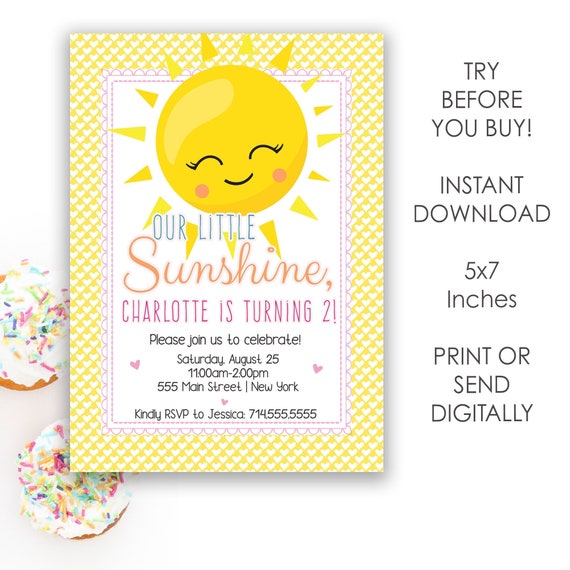Editable Sunshine Birthday Party Invitations, Girl Birthday, You are my ...