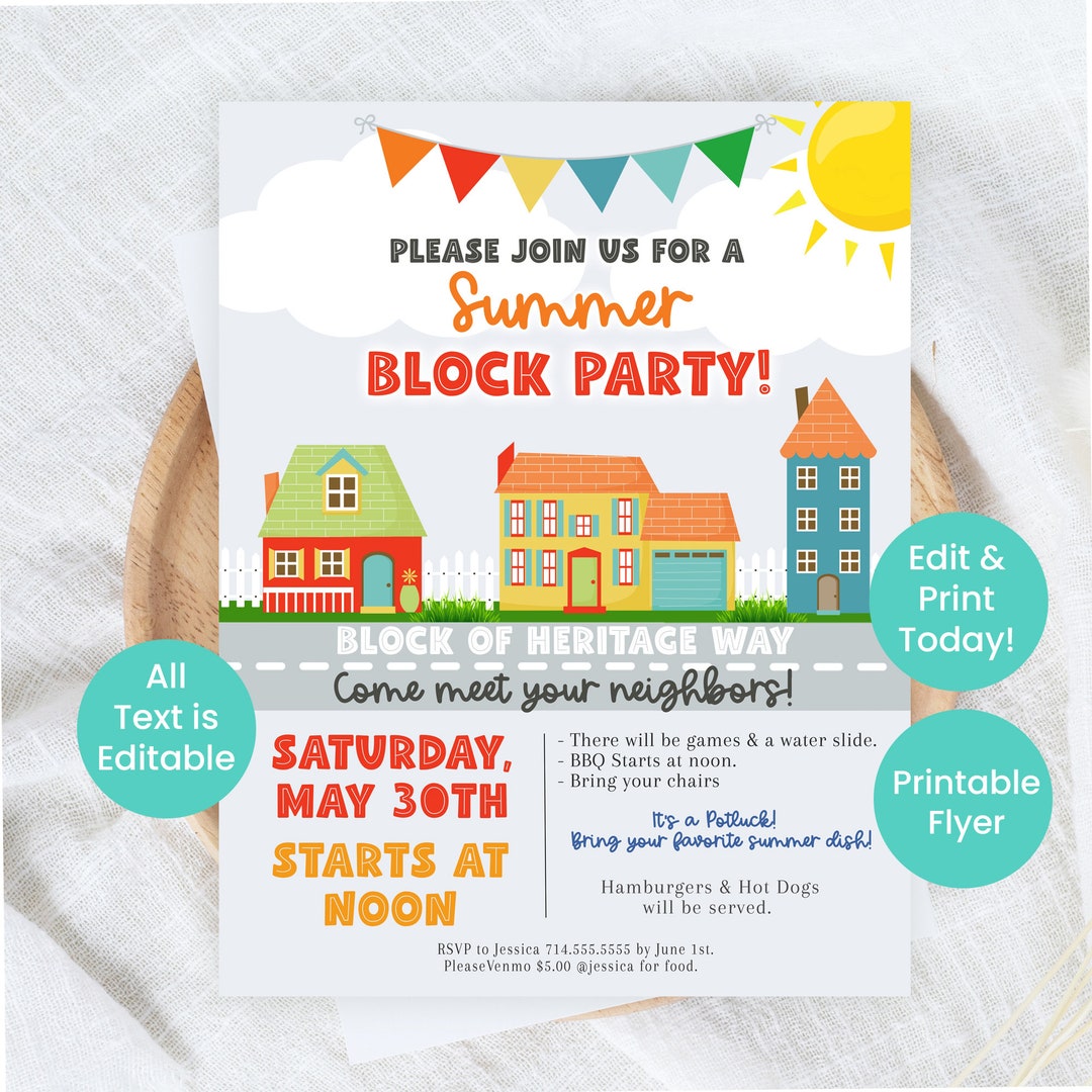 Block Party Flyer | Editable Custom Neighborhood Block Party Invitation ...