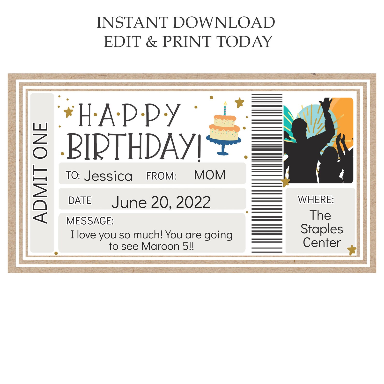 Printable Concert Ticket Template Show Certificate Gift - Etsy