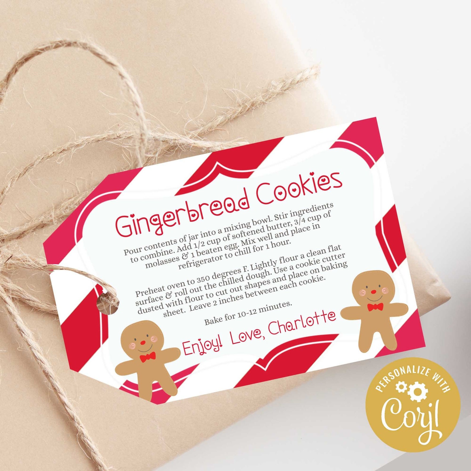 Gingerbread Cookie Recipe Card, Gingerbread Man Cookies Tag, Editable ...