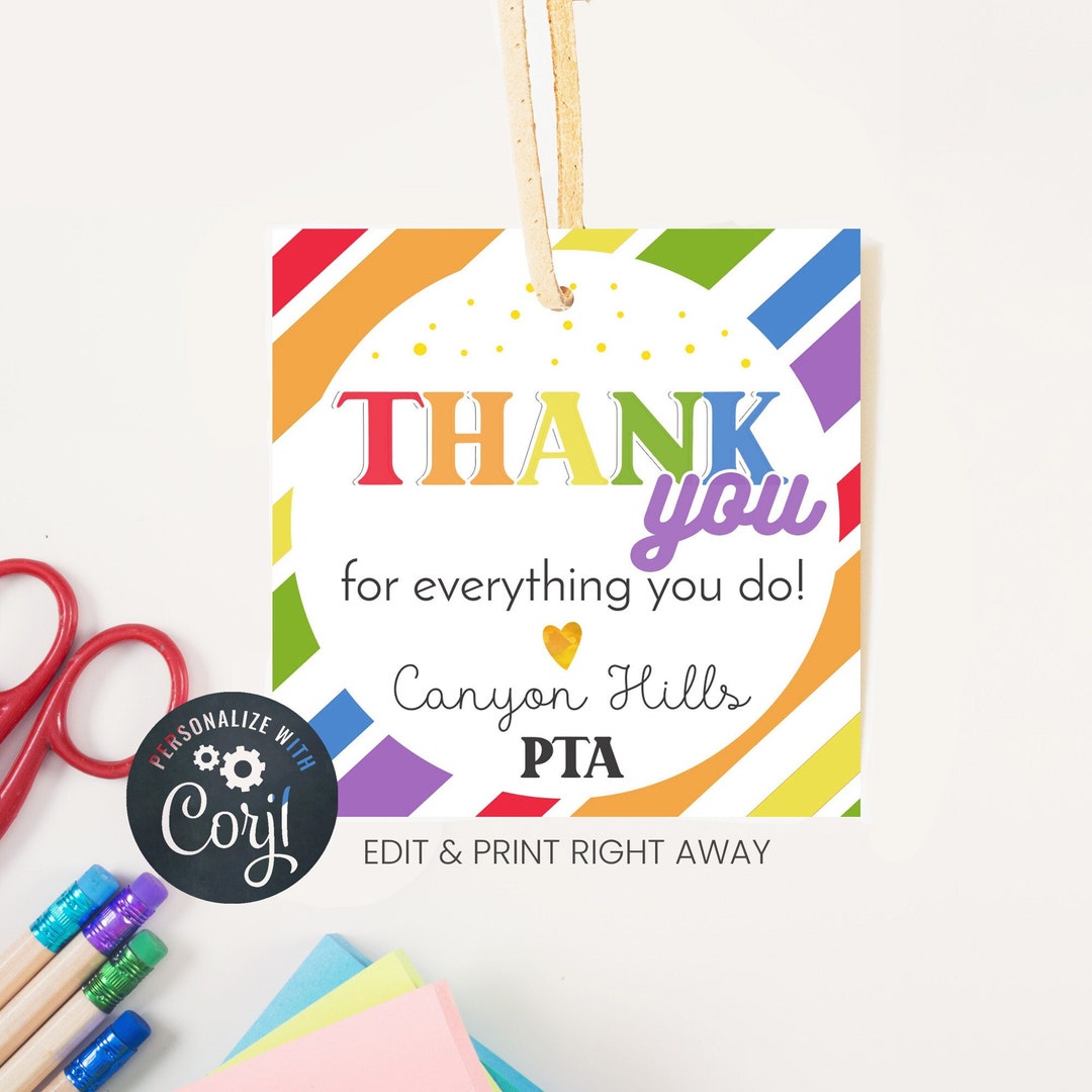 Printable Rainbow Thank You Favor Tags, Gift Ideas for Teachers ...