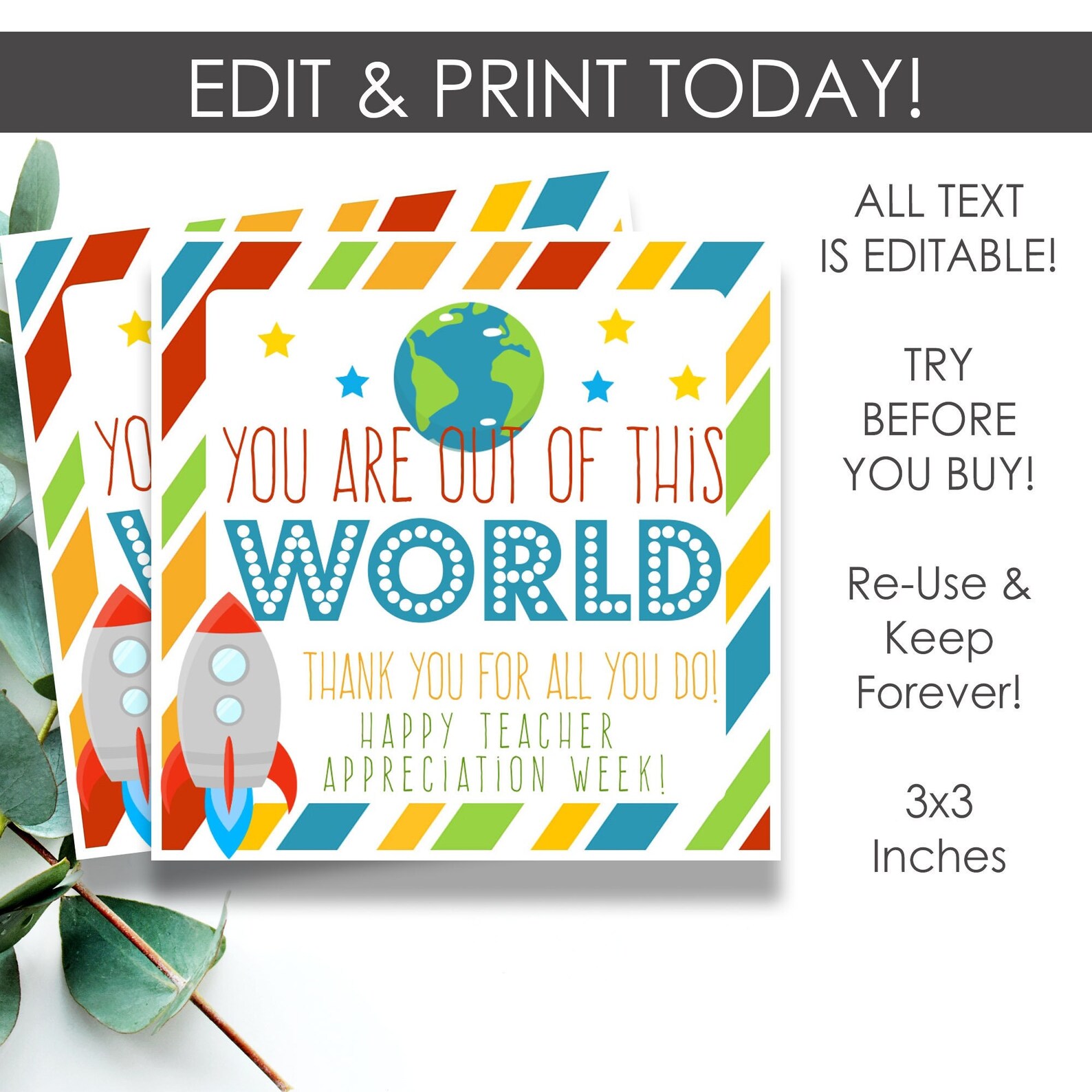 Editable Teacher Appreciation Tags Out of This World Themed | Etsy