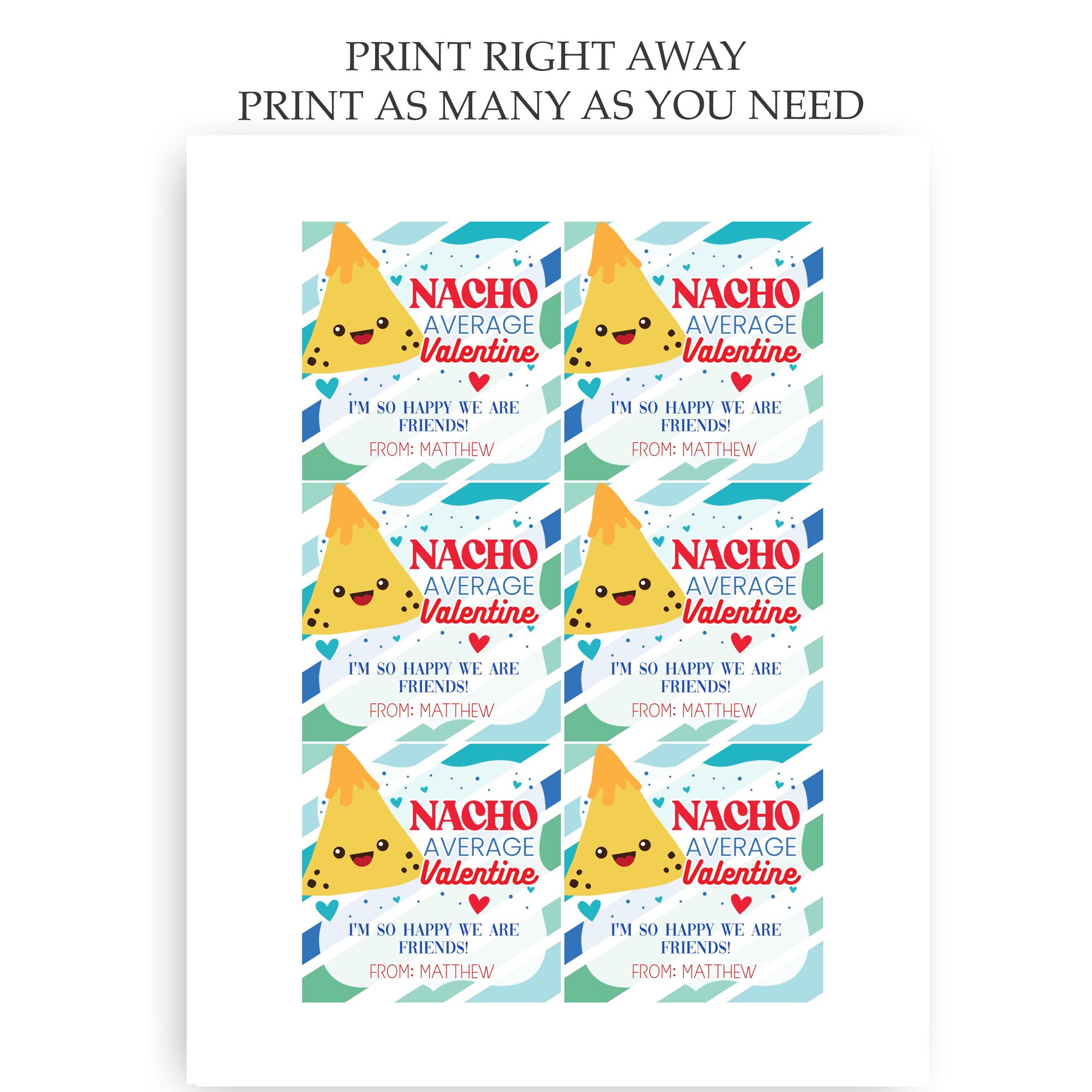Printable Nacho Average Valentine's Day Cards for Kids, Classroom ...