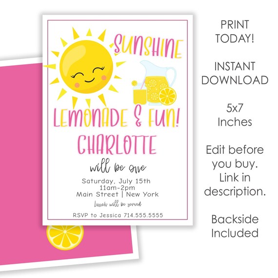 Editable Lemonade Stand Birthday Party Invitations, Printable Girl Bday ...