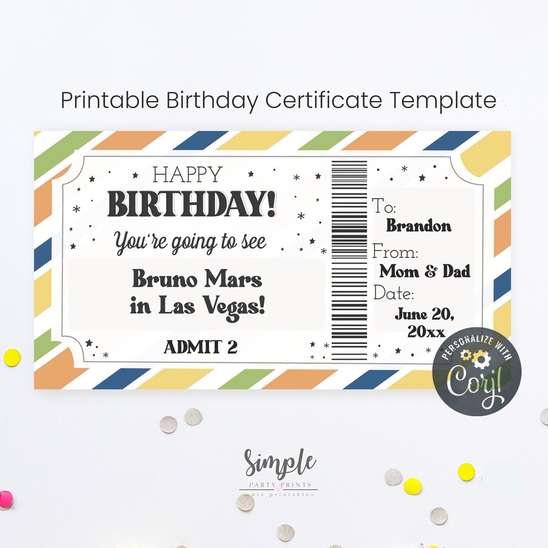 Printable Happy Birthday Concert Ticket Template, Show Certificate Gift ...