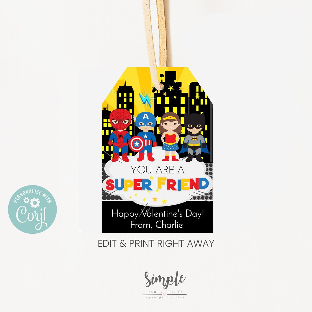 Super Hero Friend Valentines Day Kids Cards, Valentine's Tag, Valentine ...