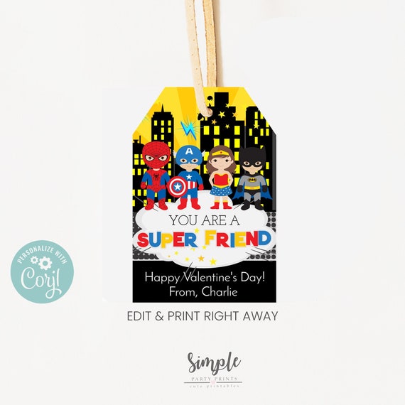 Super Hero Friend Valentines Day Kids Cards, Valentine's Tag, Valentine ...