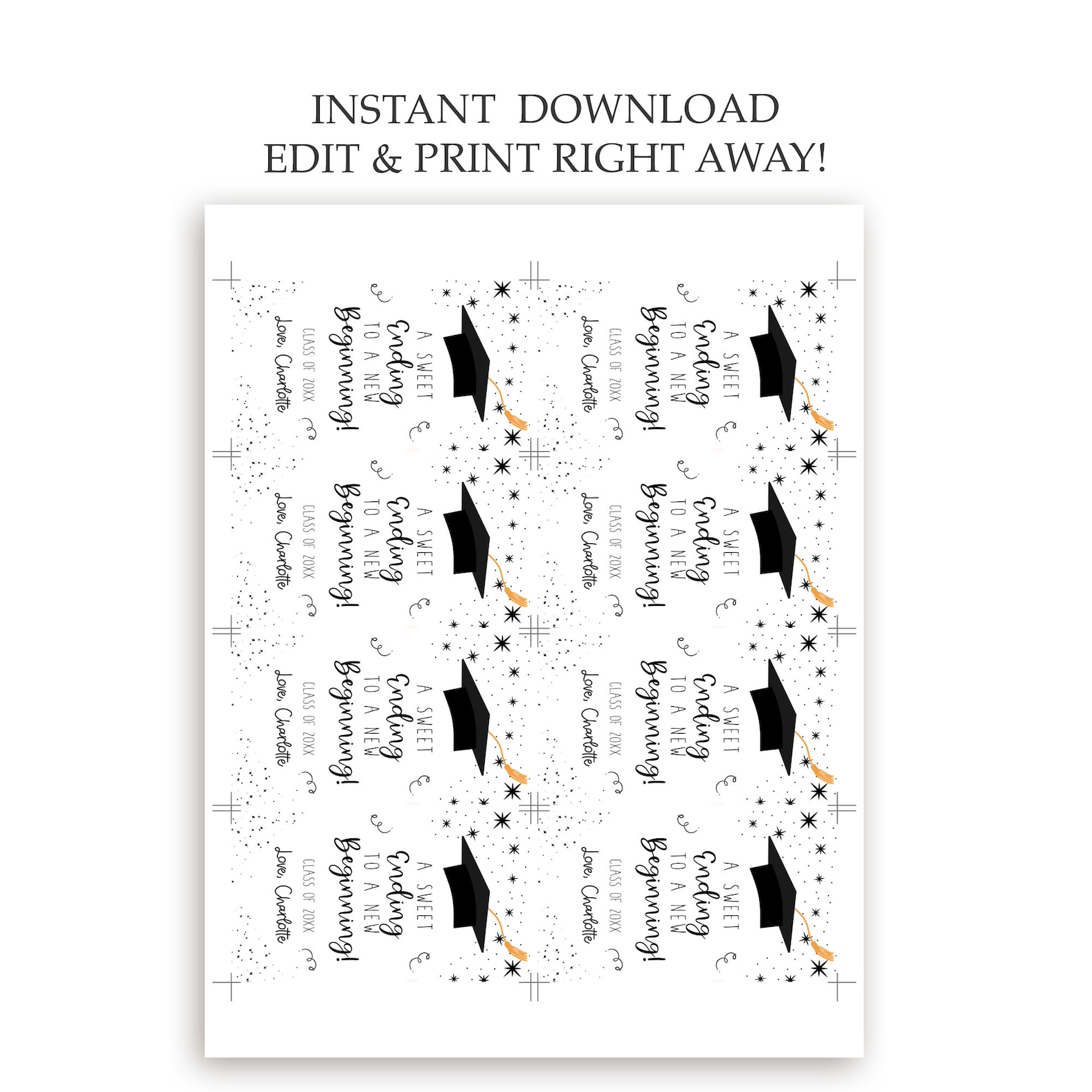 Editable Cute Graduation Hat Blank Tags, Printable Simple Custom Class ...