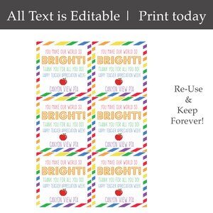 Editable Teacher Appreciation Tags Colorful Themed Tags - Etsy