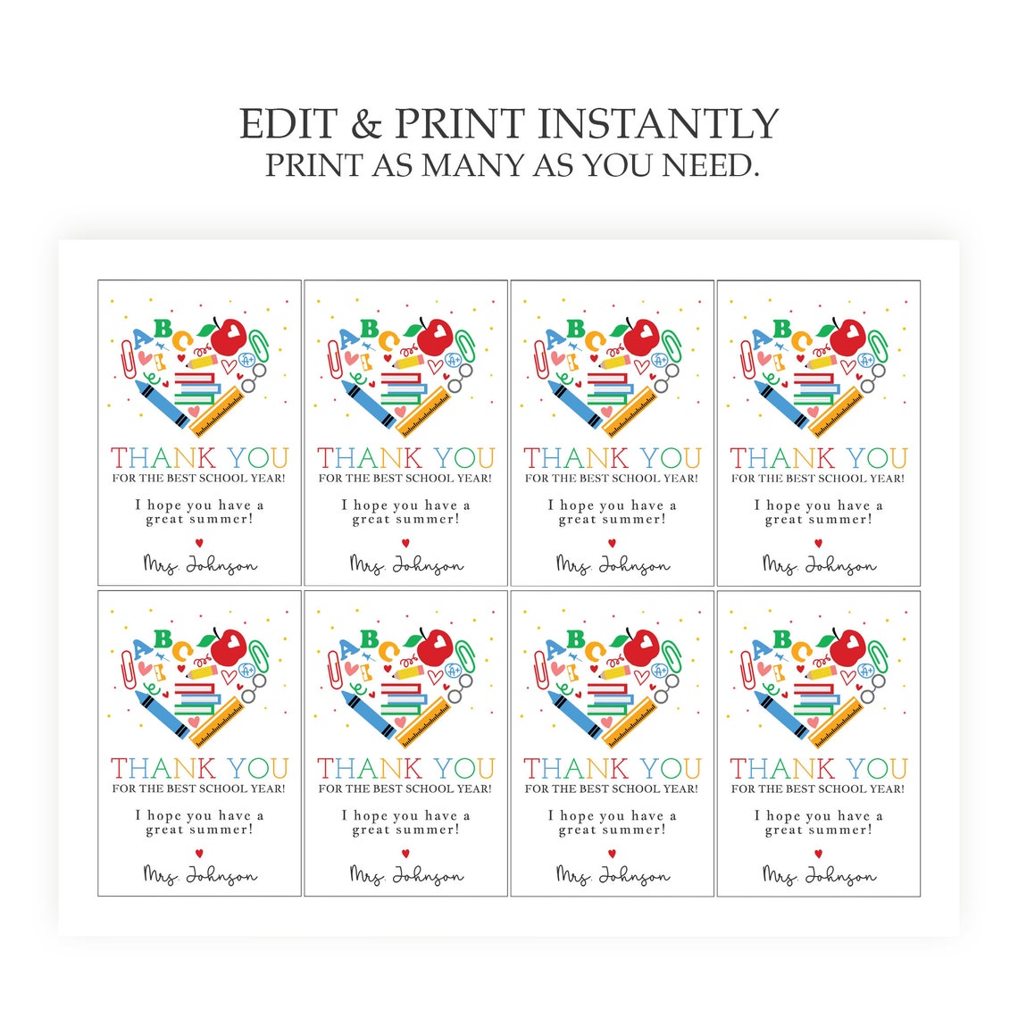 School Thank You Favor Tags - Editable Thank You Teachers Aide Gift ...