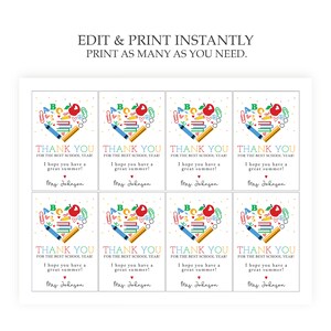 School Thank You Favor Tags - Editable Thank You Teachers Aide Gift ...