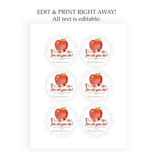 Teacher Appreciation Week Tags, Printable Circle Apple Thank You Favor ...