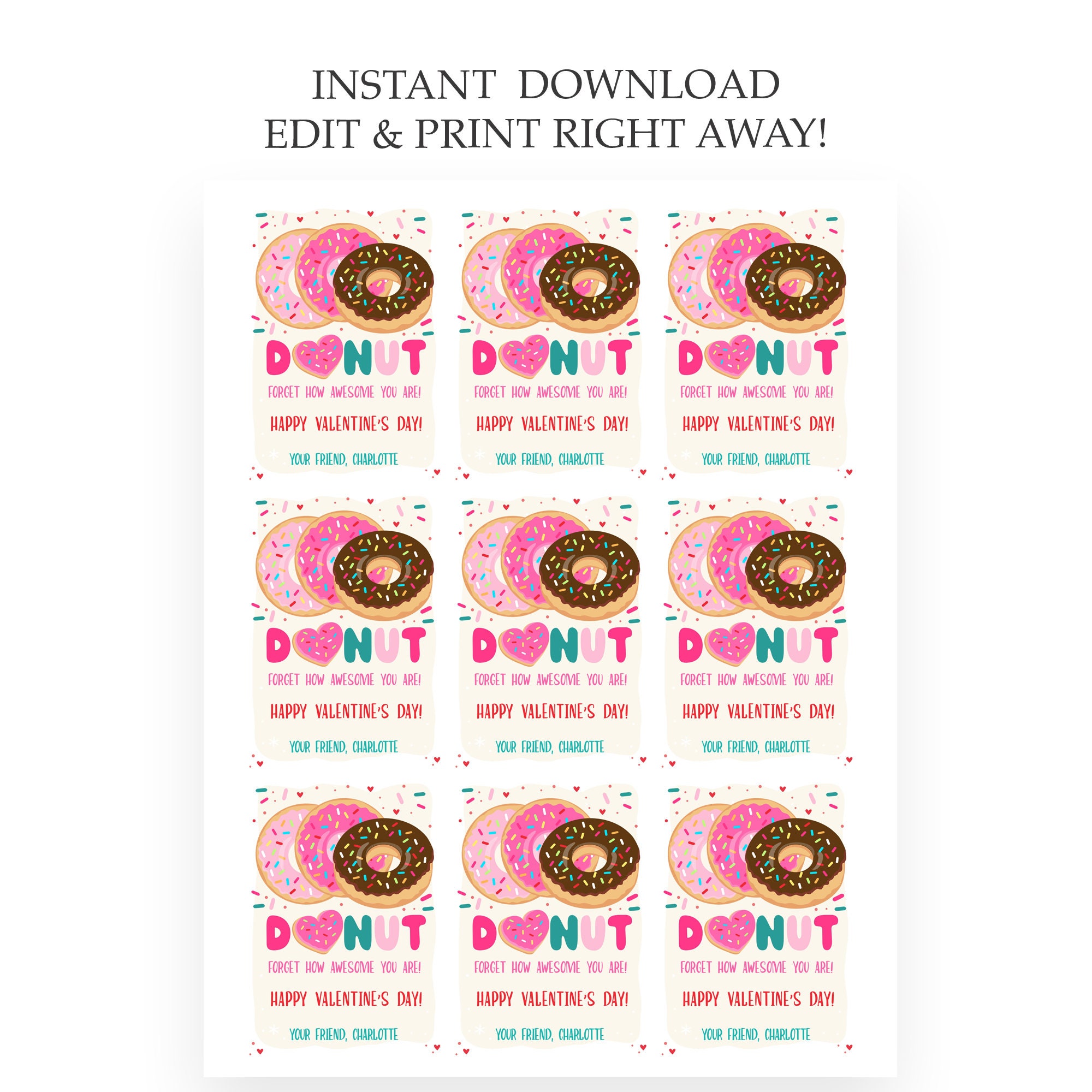 Donut Valentines Day Kids Cards, Valentine's Day Tags, Valentine Card ...