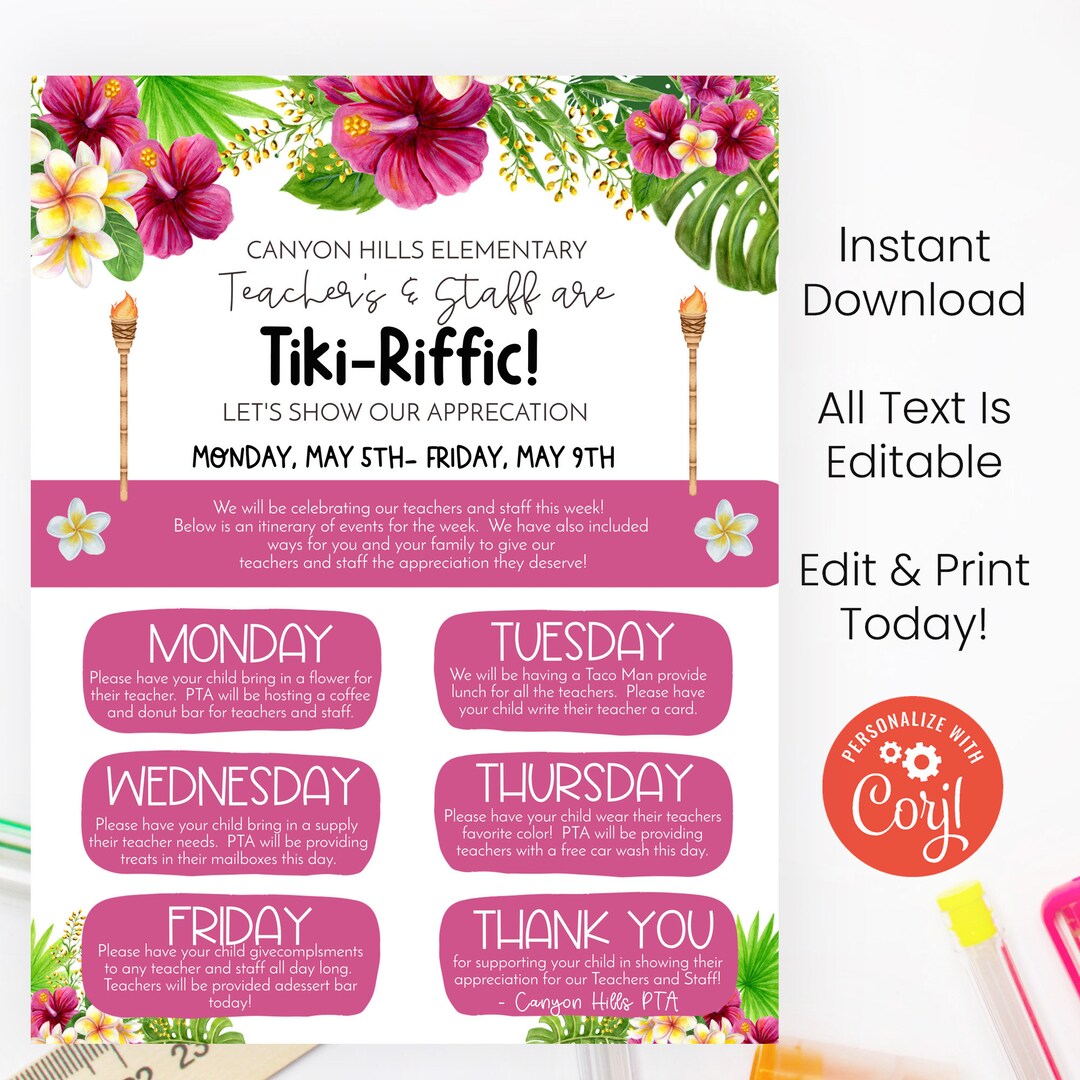Editable Hawaiian Luau Themed Teacher Appreciation Instructions ...