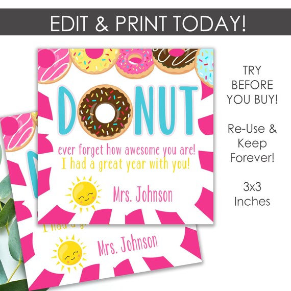 Donut Printable Tag, Printable Thank You, Teacher Gift, Editable End of ...