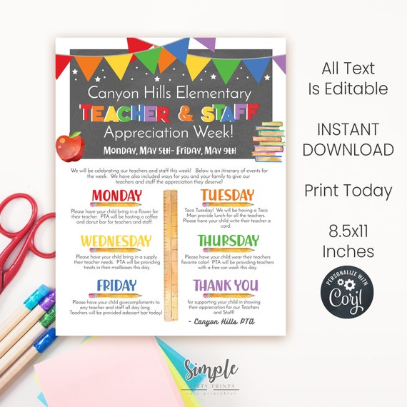 Printable Teacher Appreciation Week Instructions Flyer, Simple TAW ...