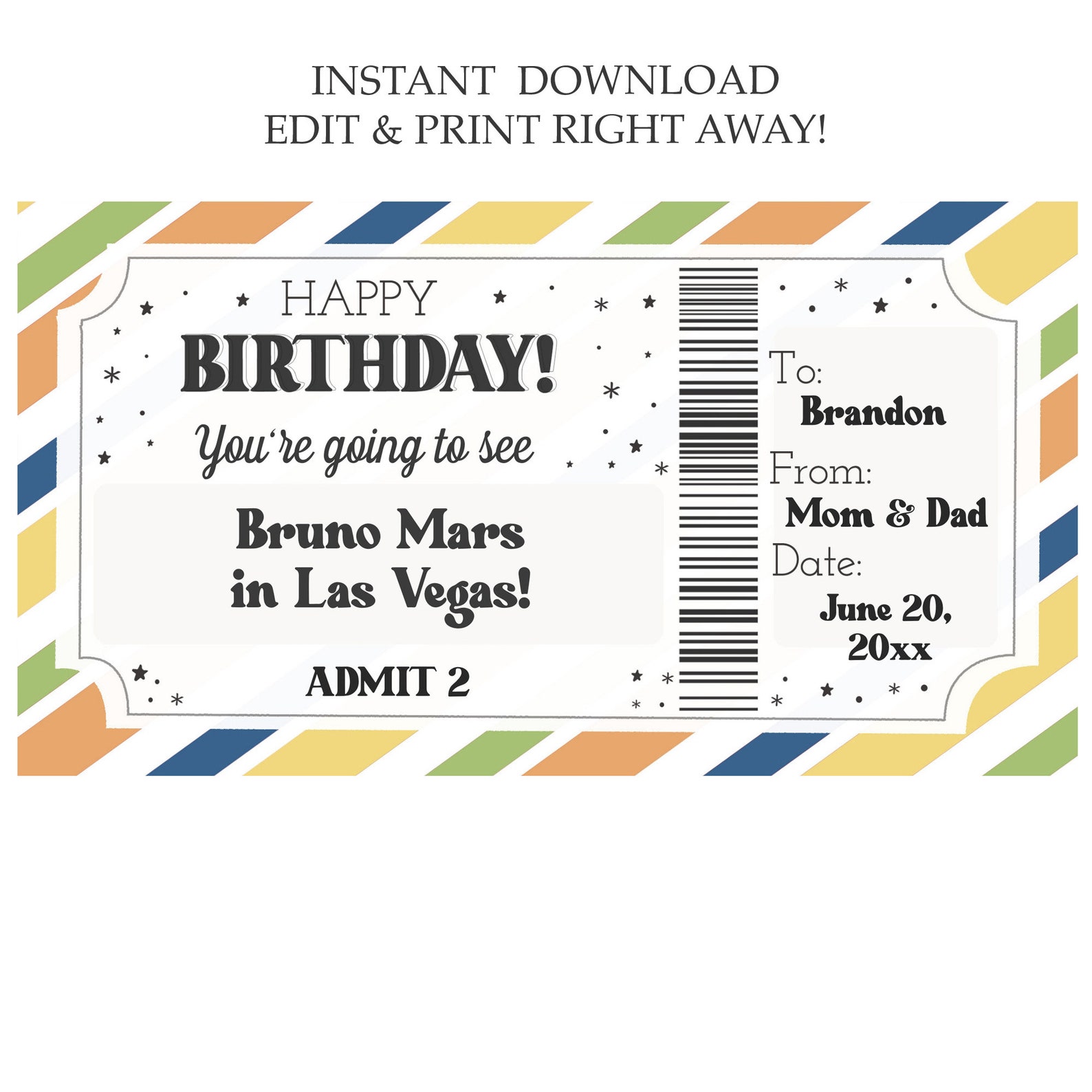 Printable Happy Birthday Concert Ticket Template Show - Etsy