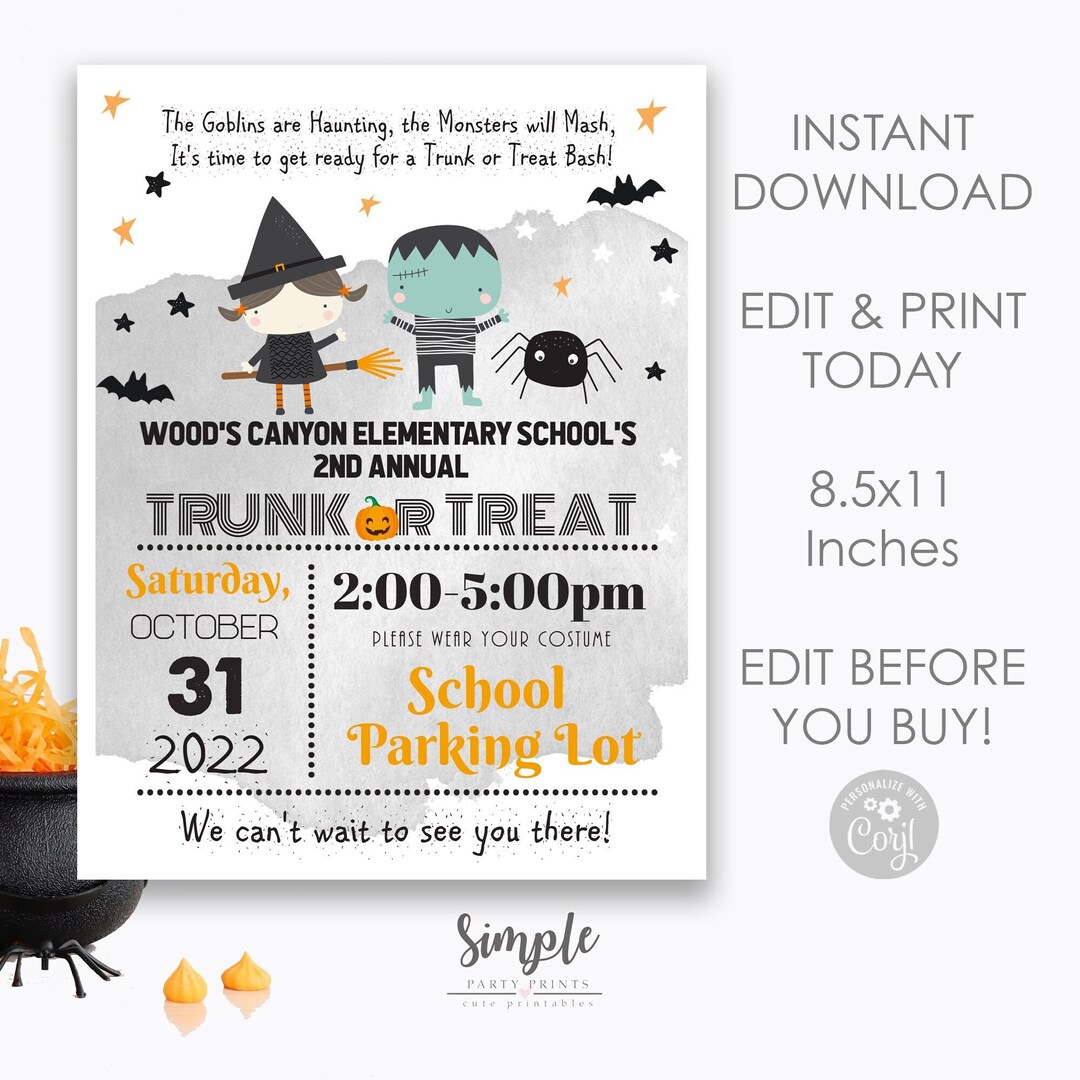 Editable Trunk or Treat Flyer, Digital Flyer for Halloween Party, Trick ...
