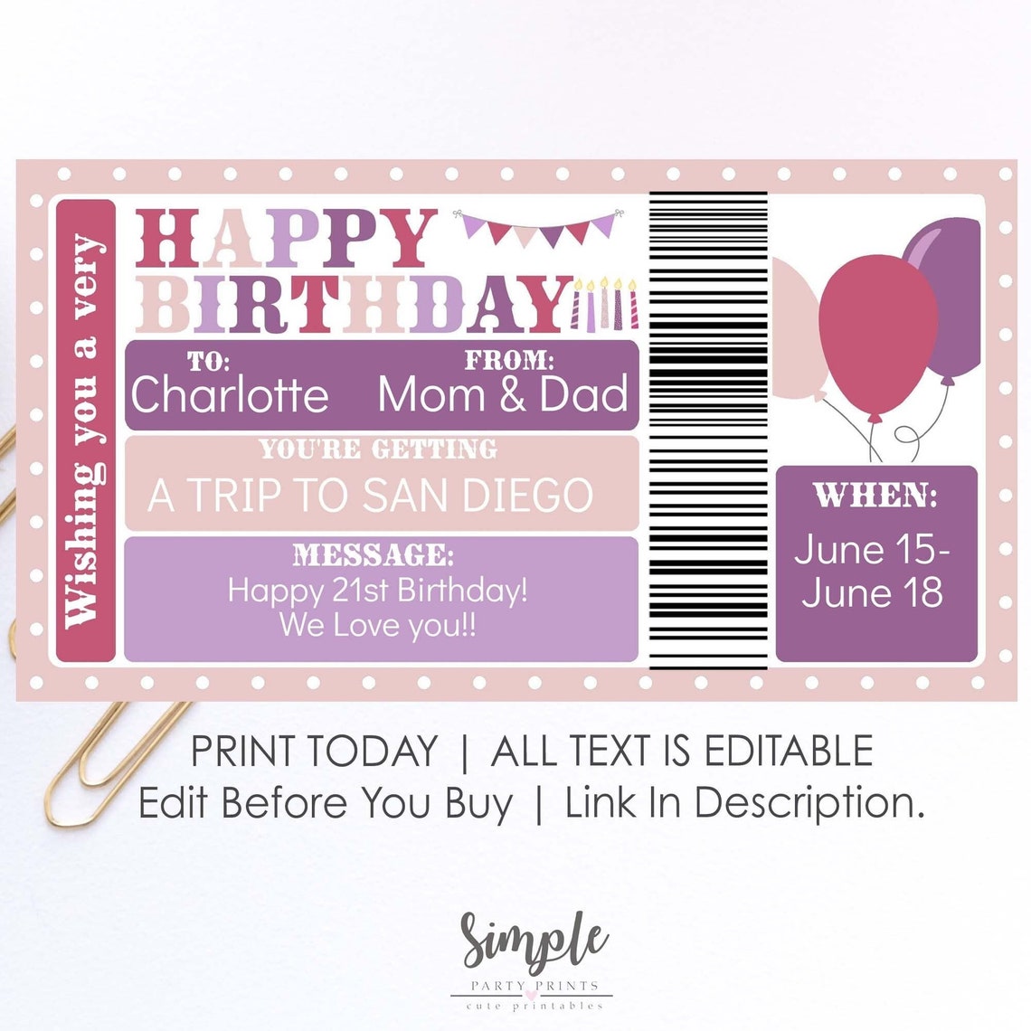 Printable Happy Birthday Voucher Template Purple Pink and - Etsy