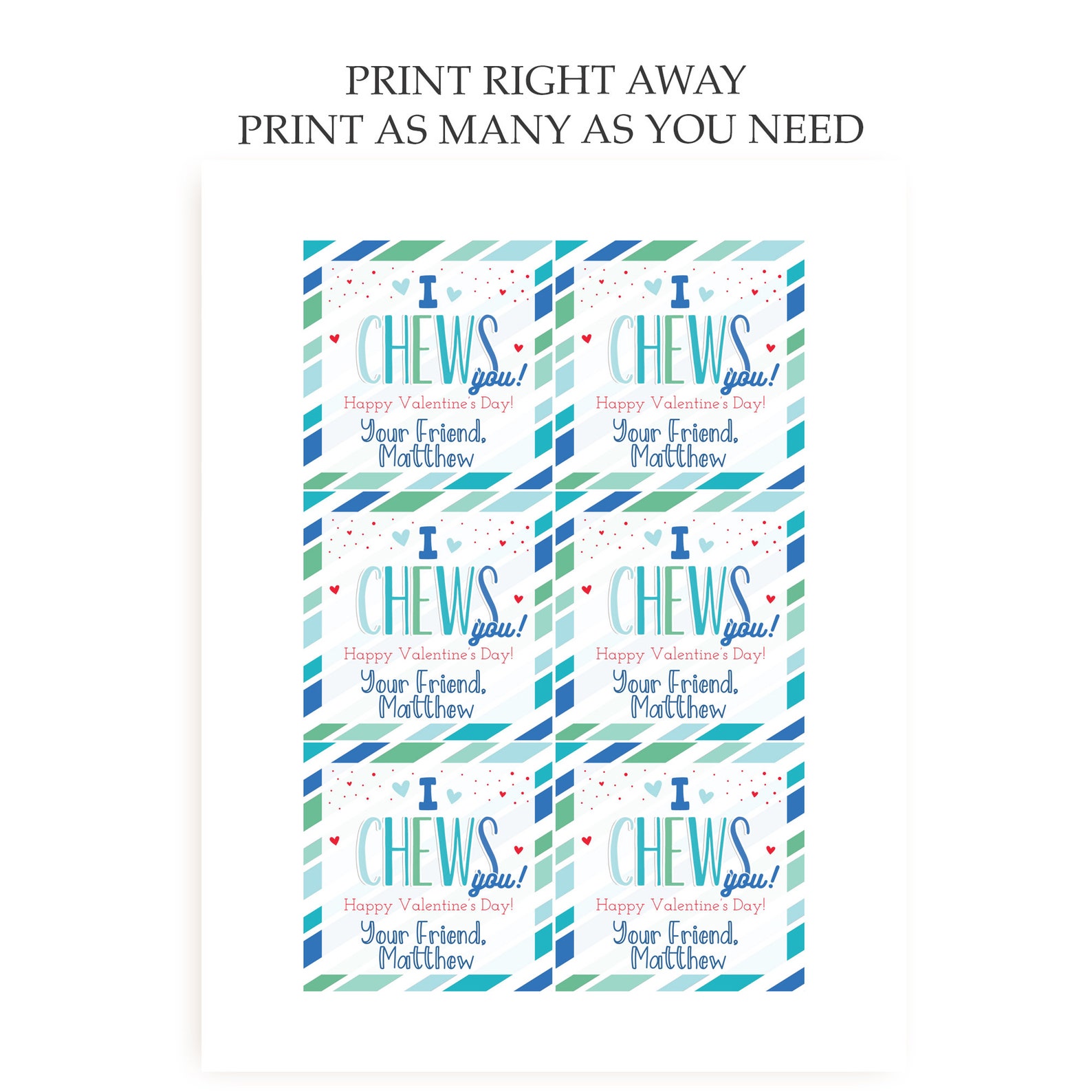 Printable Valentine's Day I Chews You Tags for Kids Classroom Valentine ...