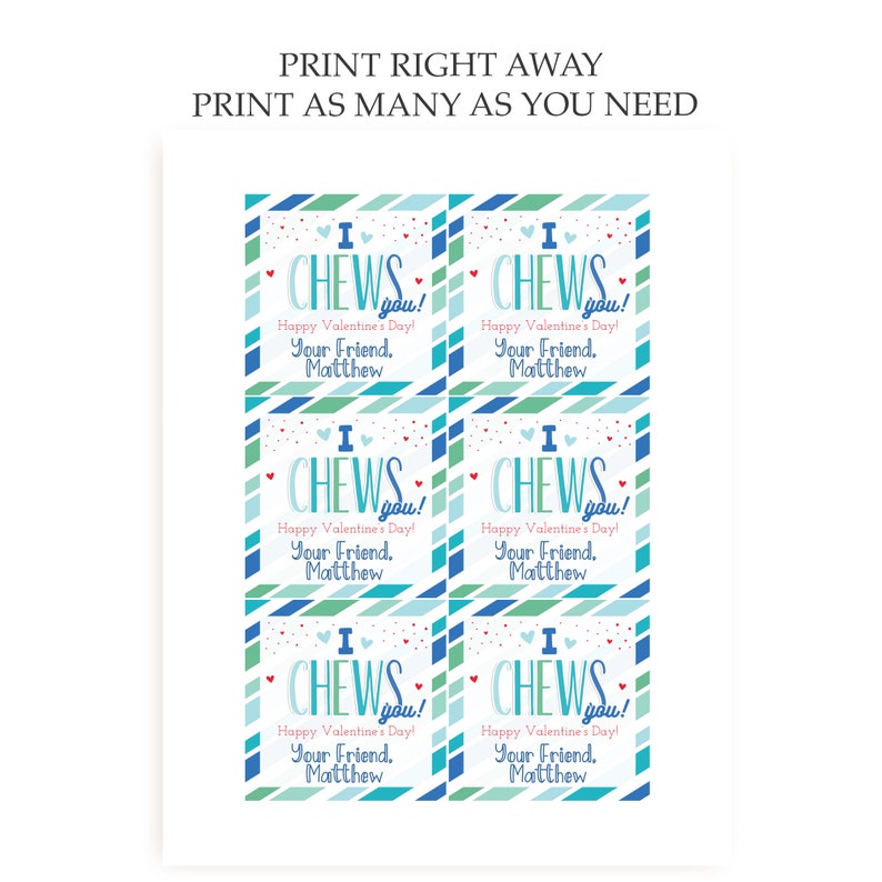 Printable Valentine's Day I Chews You Tags for Kids - Etsy