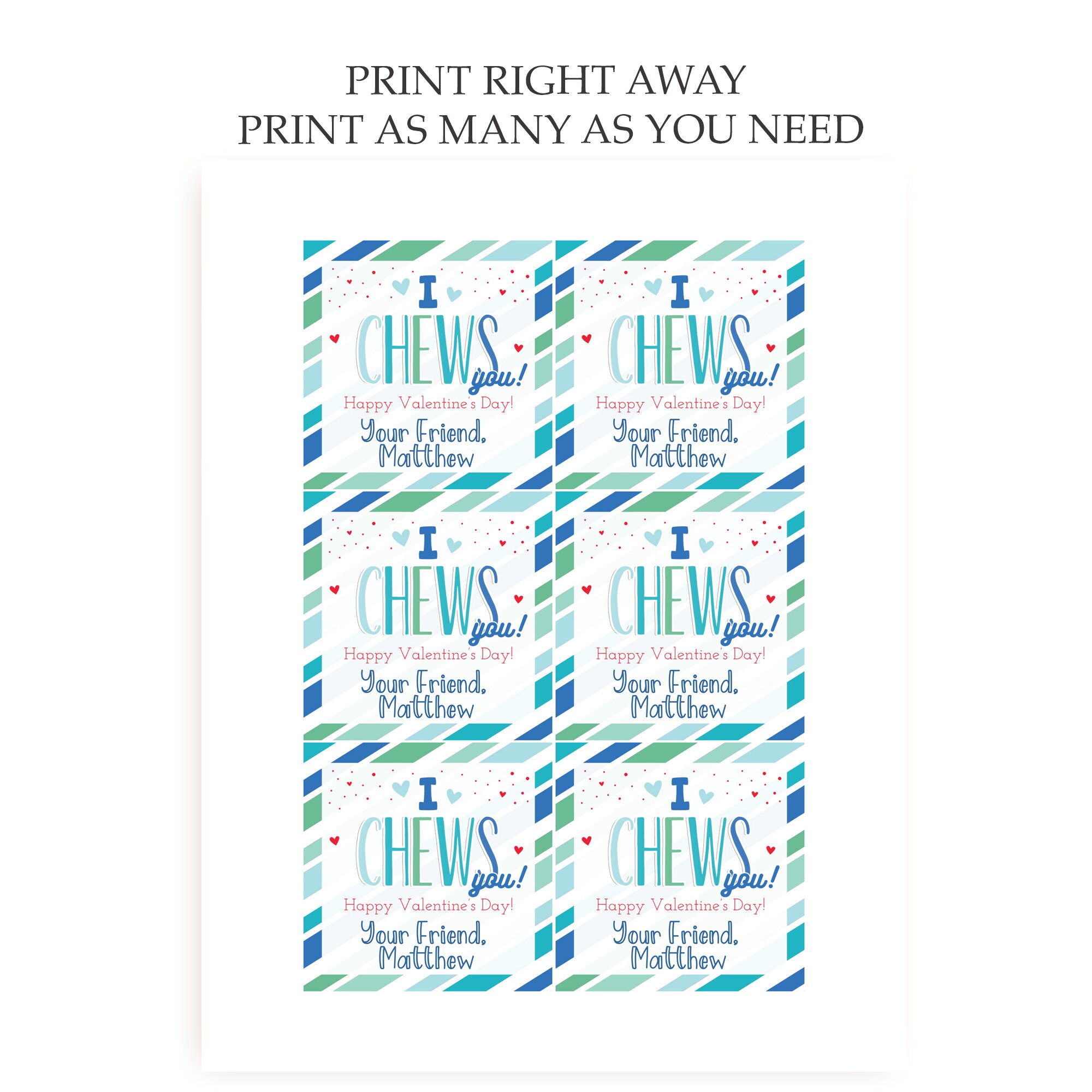 Printable Valentine's Day I Chews You Tags for Kids Classroom Valentine ...