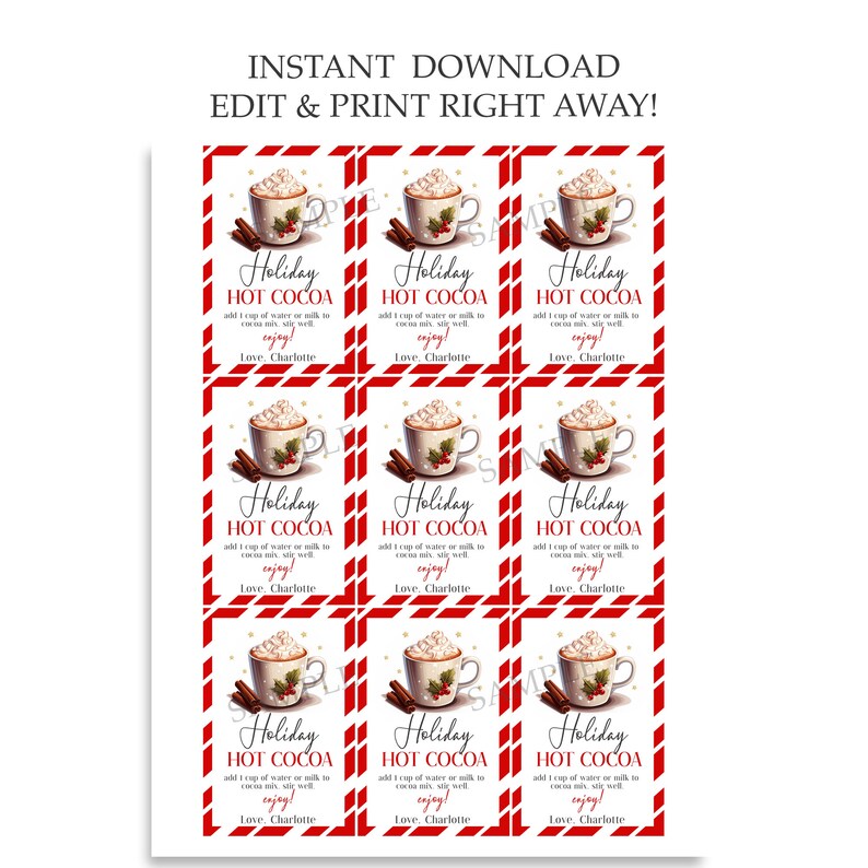 Holiday Hot Cocoa Instructions Tag, Printable Homemade Hot Chocolate ...