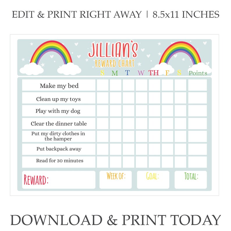 Kids Reward Chart - Printable Chore Charts for Children - Editable ...