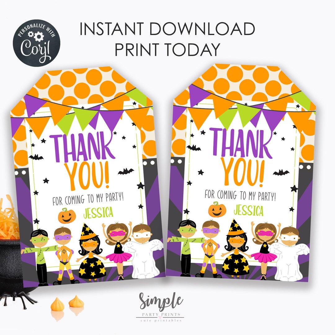Editable Halloween Birthday Thank You Tag, Printable Halloween Goodie ...