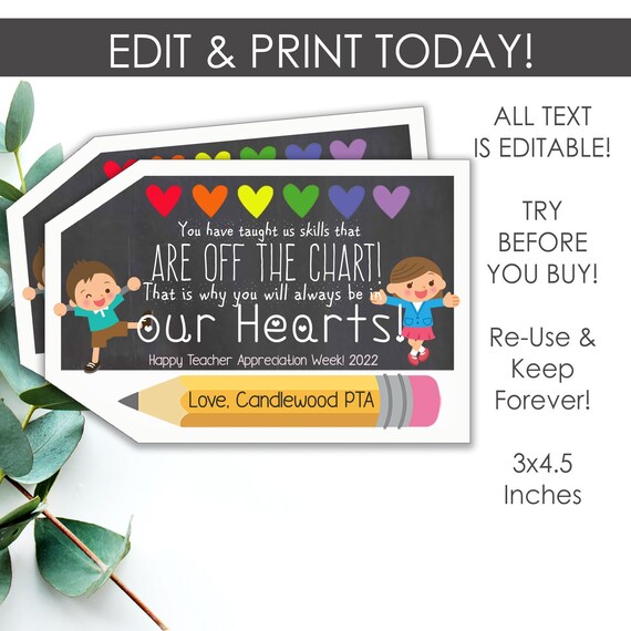 Editable Teacher Appreciation Tags Always in Our Hearts TAW - Etsy