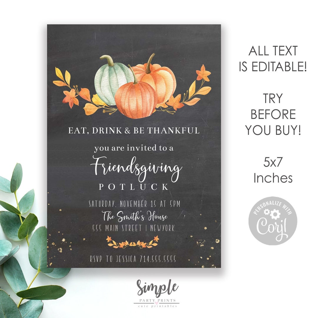 Friendsgiving Potluck Invitation, Thanksgiving Day Dinner Invitations ...