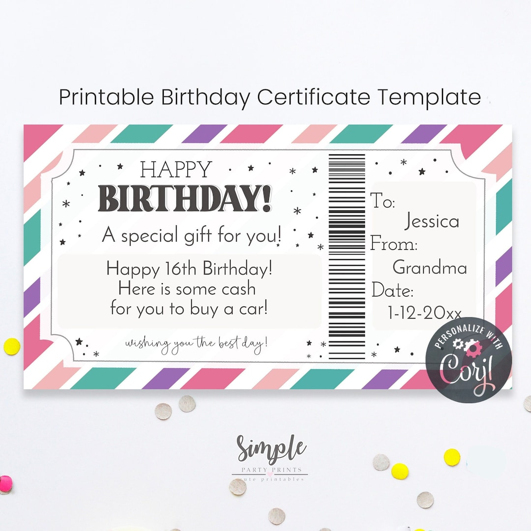 Editable Birthday Gift Voucher, Printable Bday Certificate Template ...