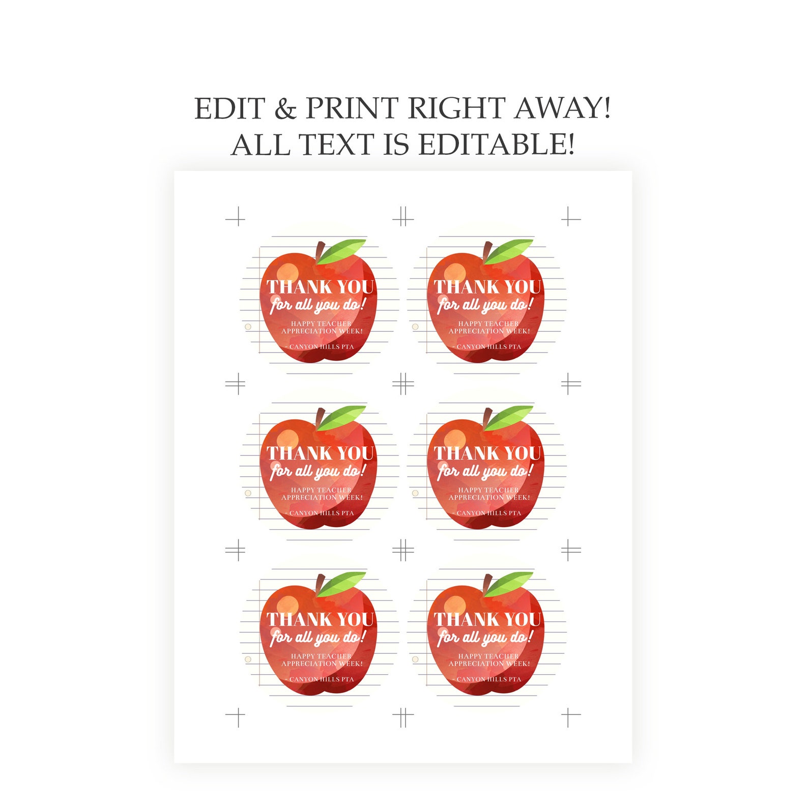 Teacher Appreciation Week Tags, Printable Circle Apple Thank You Favor ...