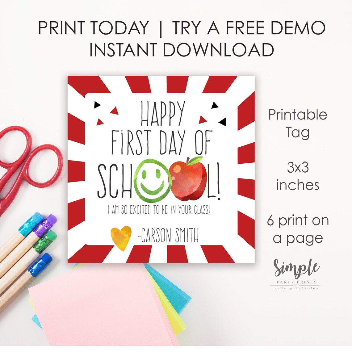 Printable Happy First Day of School Tag, Editable Back to School Label ...