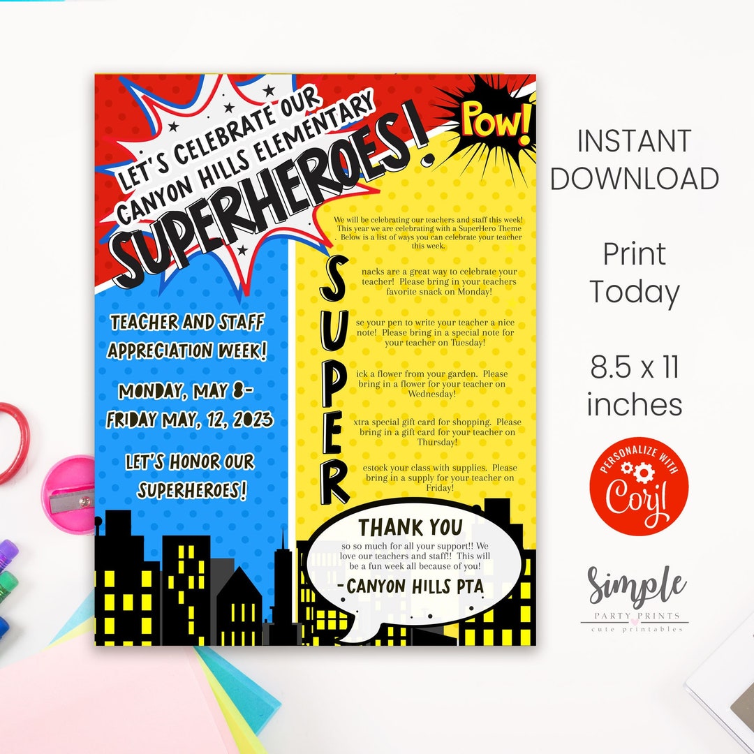 Editable Teacher Appreciation Week Flyer | Printable Superhero Teacher ...