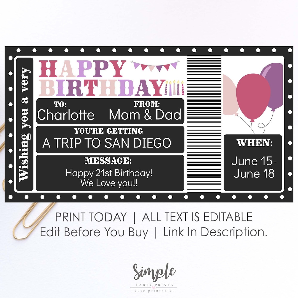 Printable Happy Birthday Voucher Template Purple Pink and - Etsy