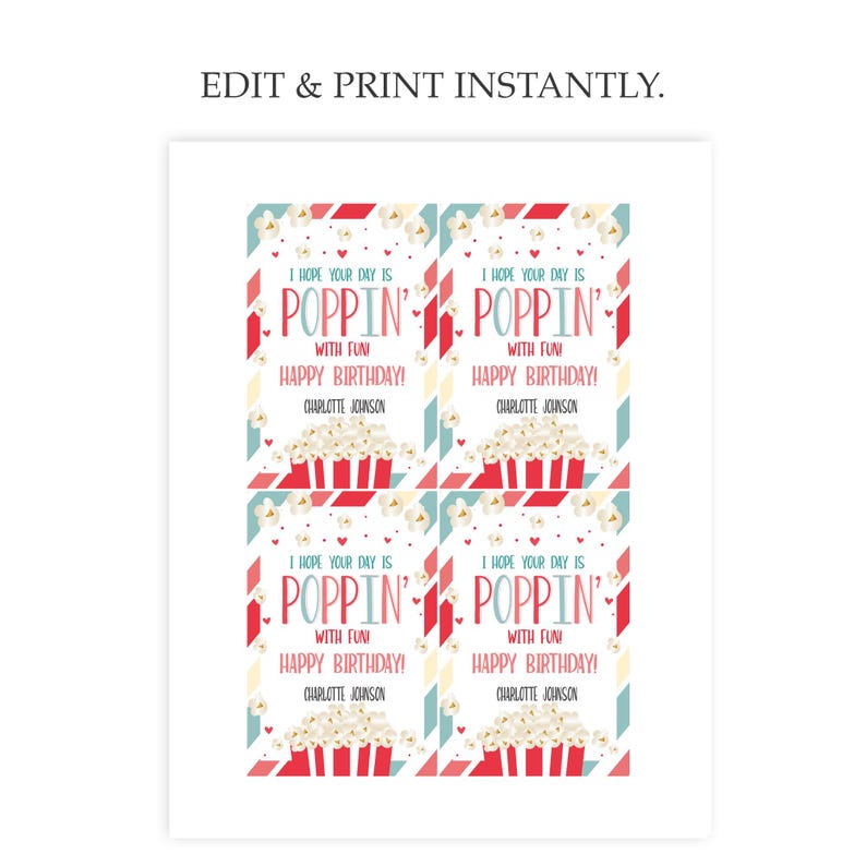 Popcorn Happy Birthday Tags | Printable Poppin With Fun Gift Labels ...