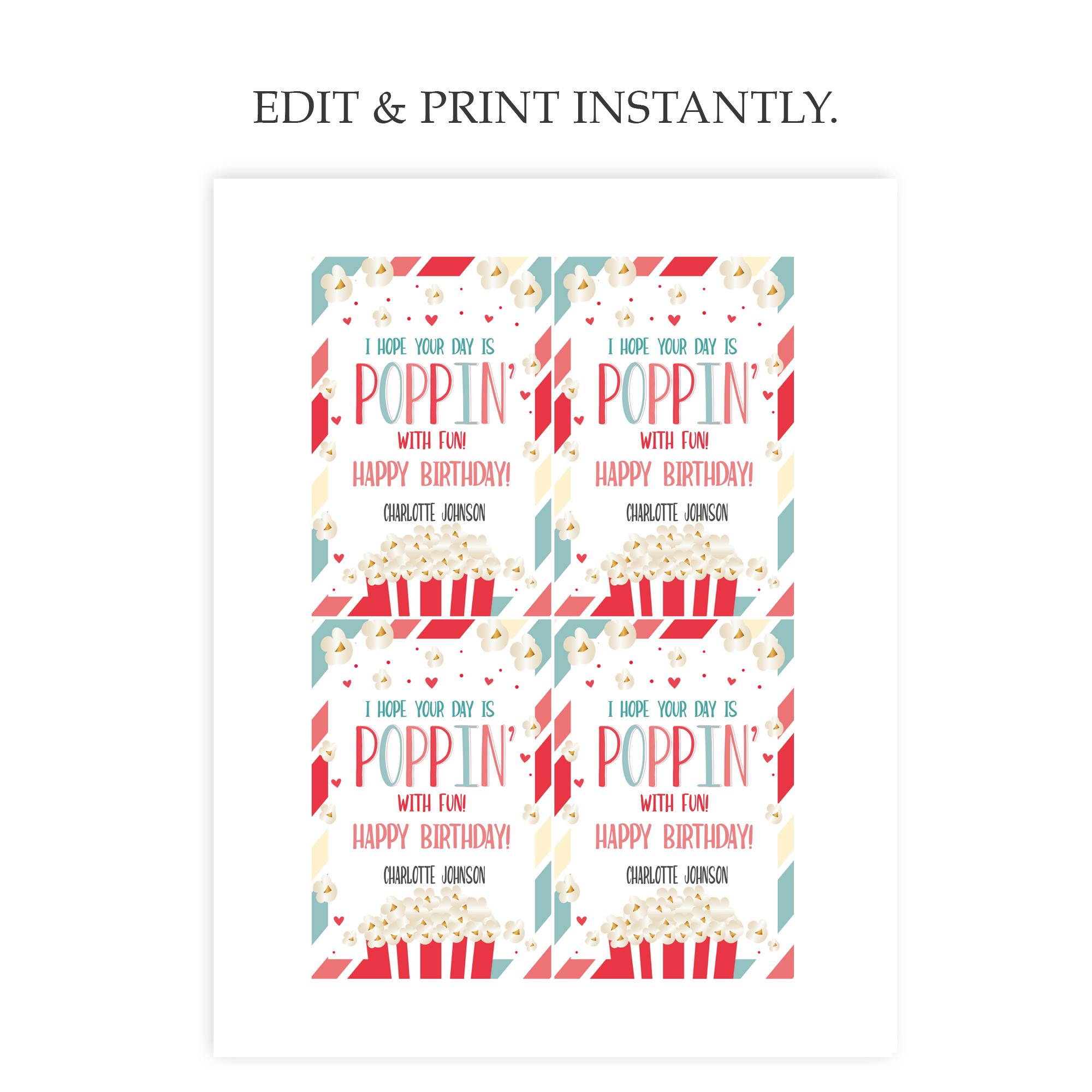 Popcorn Happy Birthday Tags | Printable Poppin With Fun Gift Labels ...