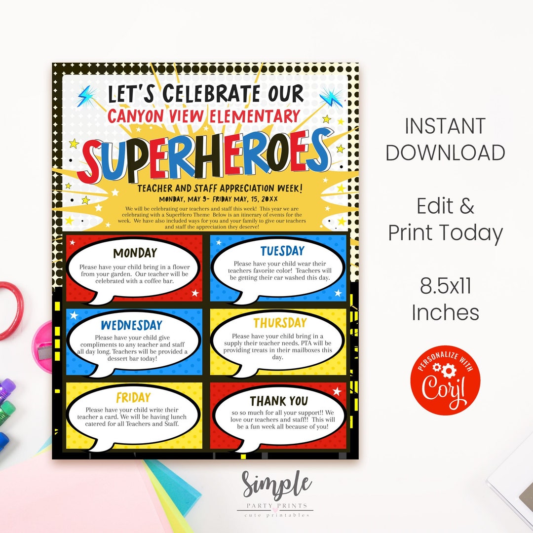 Editable Superhero Flyer, Teacher Appreciation Instructions Flyers ...