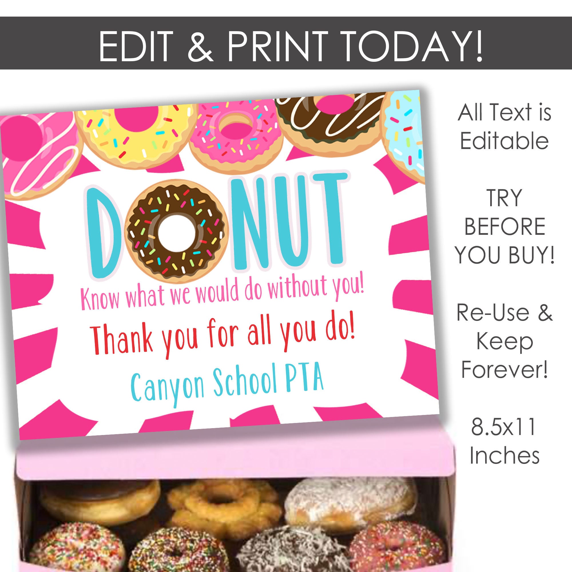 Donut Printable Full Size Sign Printable Thank You Teacher - Etsy