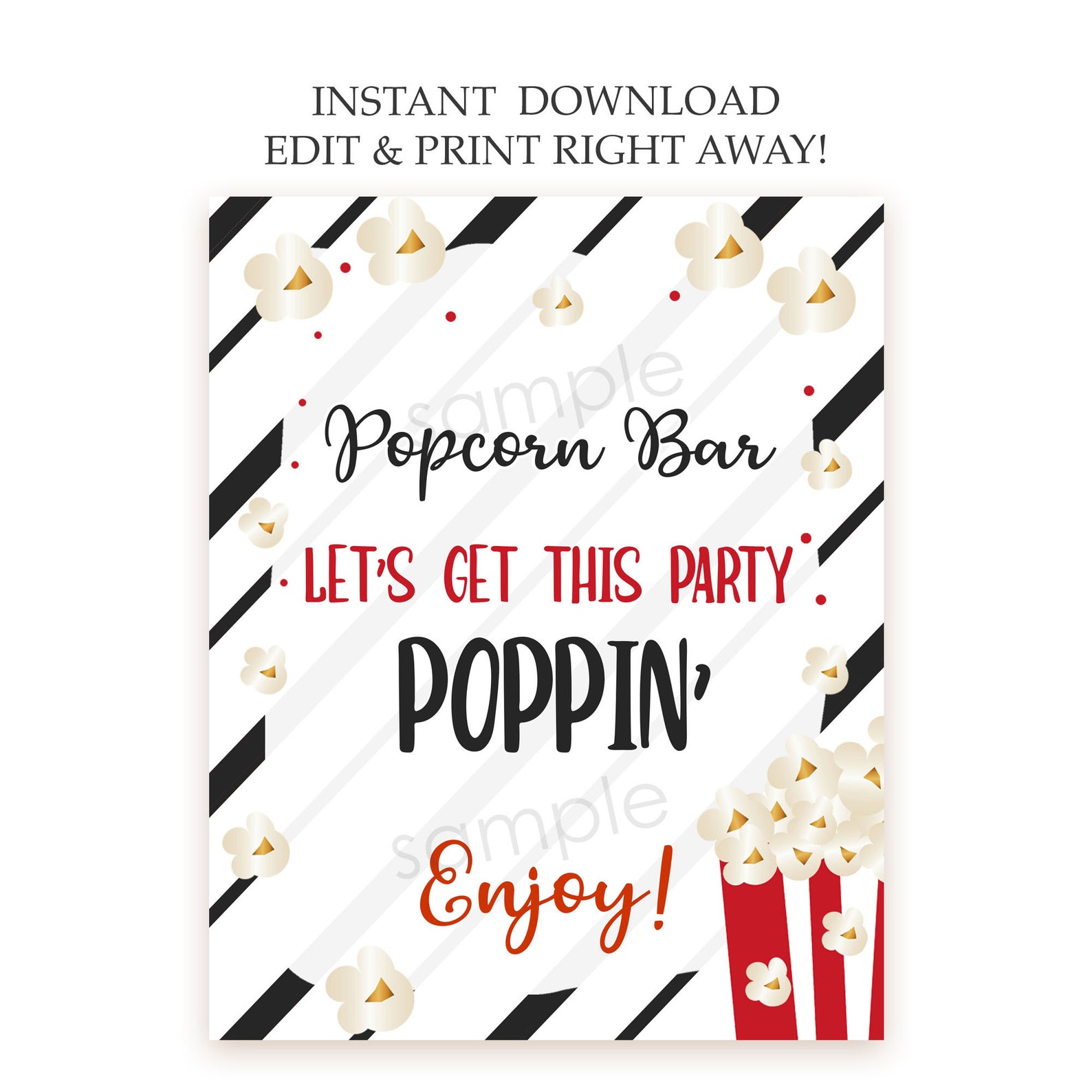 Printable Popcorn Bar Sign, Popcorn 8x10 Table Sign for Movie Night ...