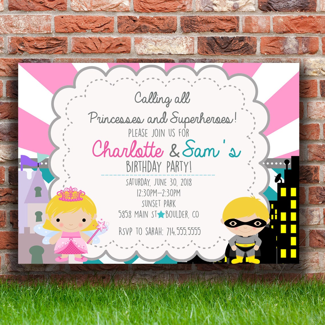 Superhero Princess Birthday Party Invitation Sibling Party | Etsy