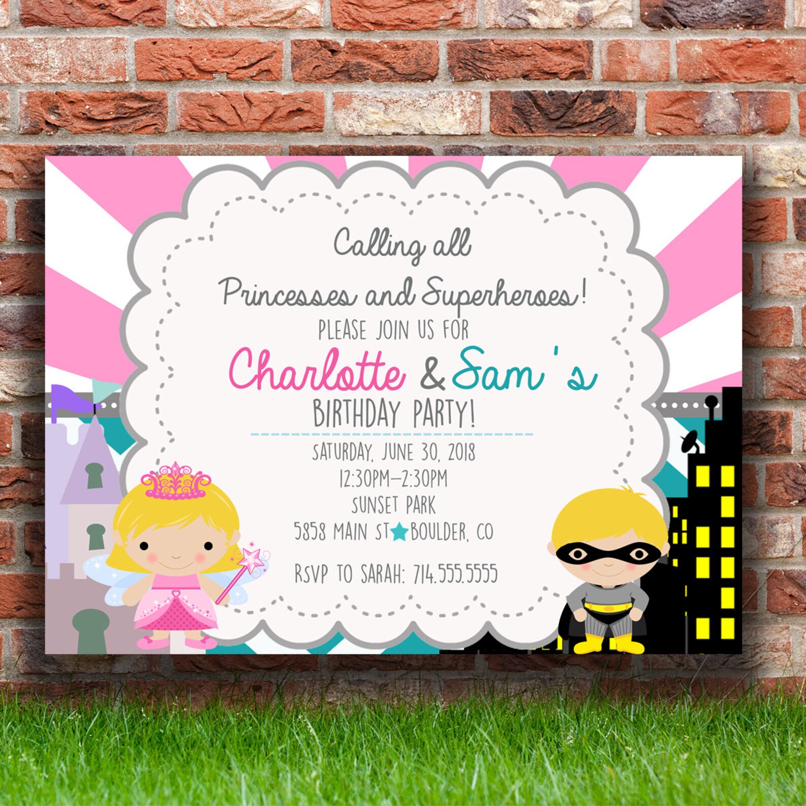 Superhero Princess Birthday Party Invitation Sibling Party | Etsy