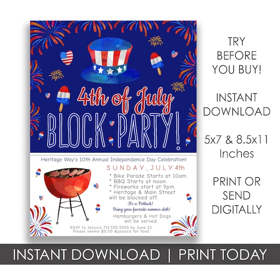 4th of July Block Party Flyer, July 4th BBQ Invitation, Neighborhood ...