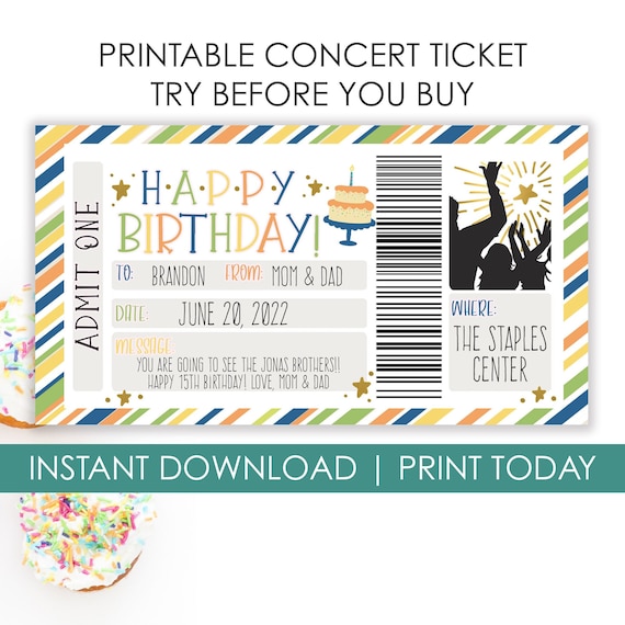 Printable Happy Birthday Concert Ticket Template Show | Etsy