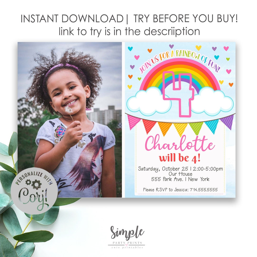 Editable Rainbow Birthday Invitation | Rainbow Invitations | Rainbow ...