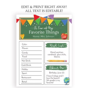 Printable Teachers Favorites Template | School Appreciation Supplies ...