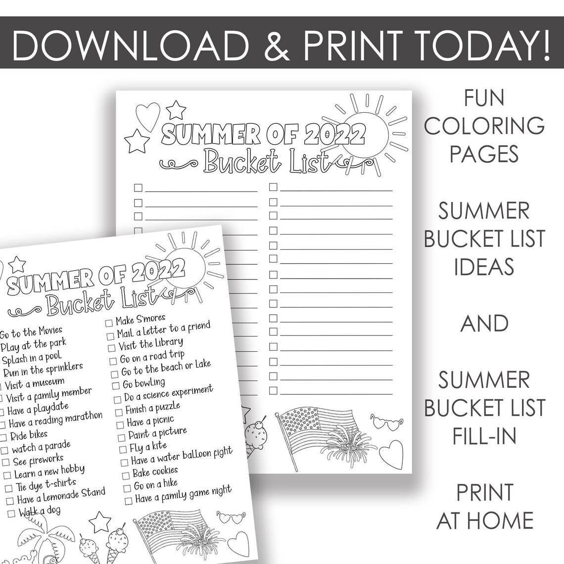 Summer Bucket List Coloring Page Summertime Ideas Things to | Etsy