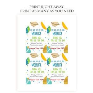 Editable Teacher Appreciation Tags, Out of This World Themed Tags ...