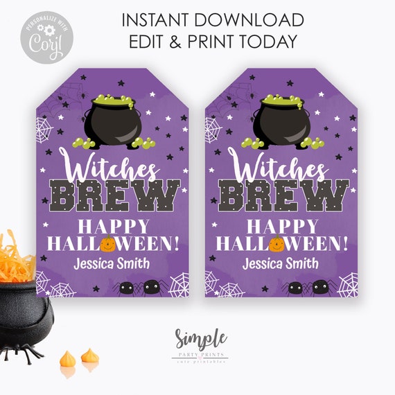 Editable Witches Brew Wine Gift Tags, Printable Halloween Tag ...